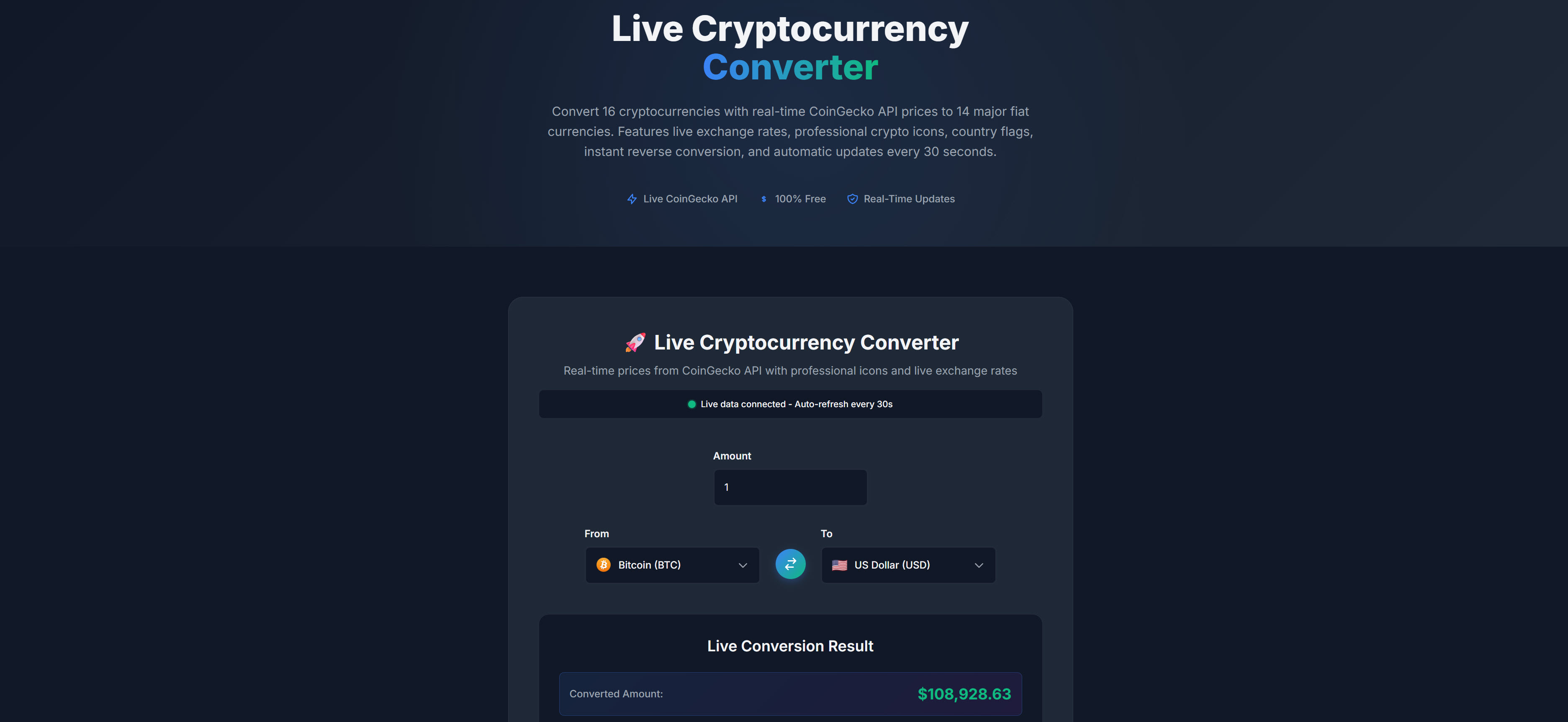 Live Crypto Converter – 30+ Coins & 22 Fiat Rates (Free)