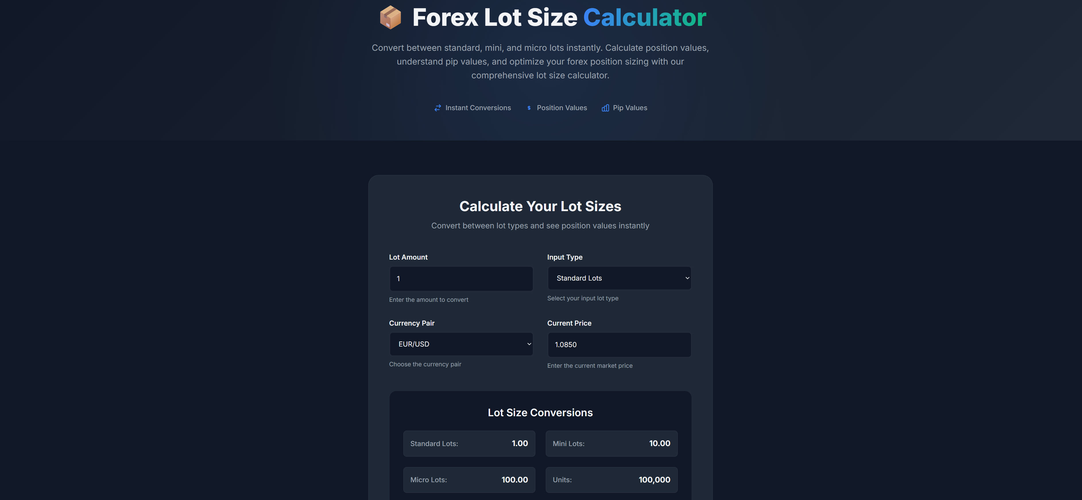 Lot Size Calculator - Convert Standard, Mini & Micro Lots